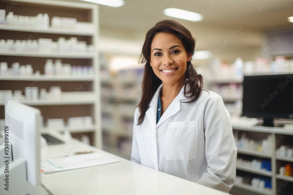 Female pharmacist standing behind a counter in a pharmacy, wearing a ...
