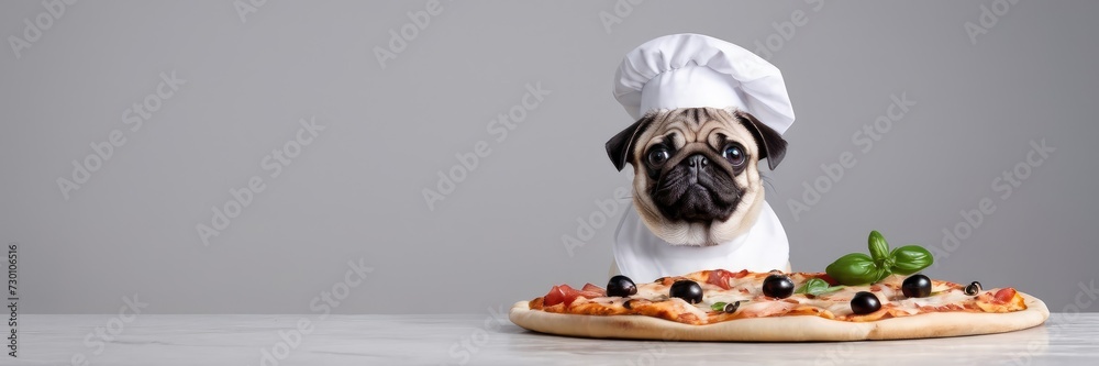 Banner - A pug dog chef in white uniform, coolly presenting pizza ...