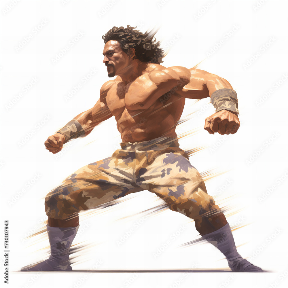 Dynamic Warrior Stance: Muscular Fighter Illustrated with Intensity and ...