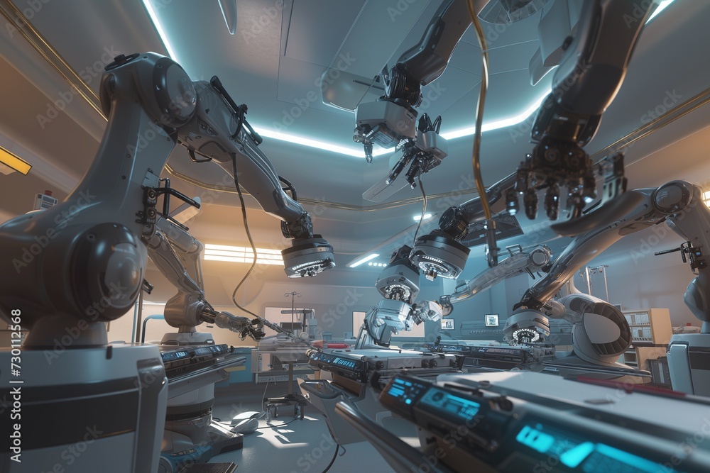 A panoramic view of a high-tech hospital operating room, with multiple ...