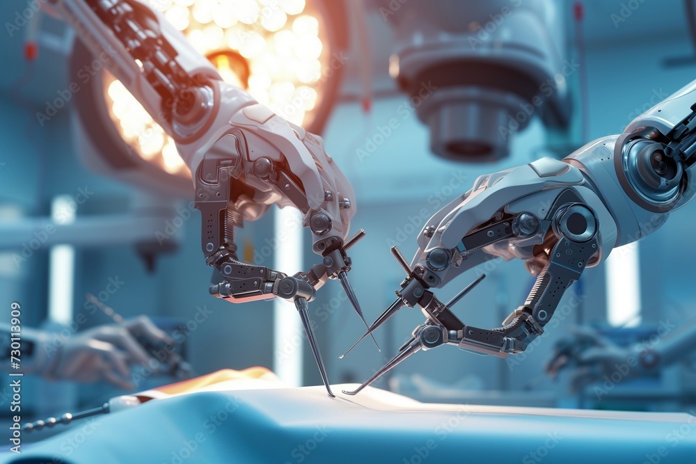 Robotic arms equipped with microscopic surgical tools, working inside a ...