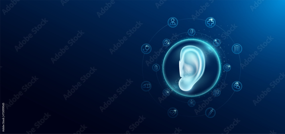Medical health care. Human ear in transparent bubbles surround with ...