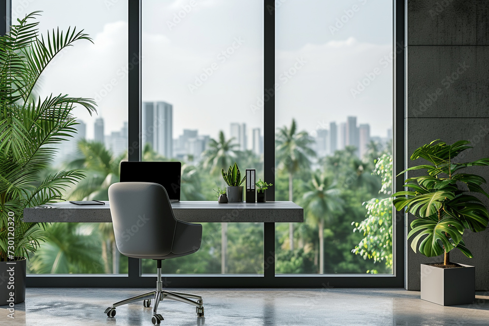 Sleek CEO desk setup with laptop, framed by panoramic window. Modern ...