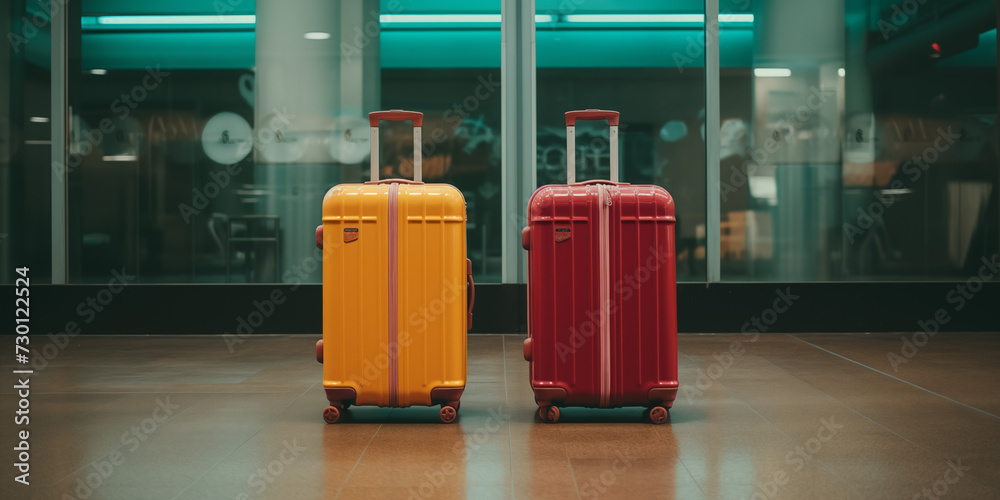 luggage inside a shopping mall in the style of dark orange and amber ...