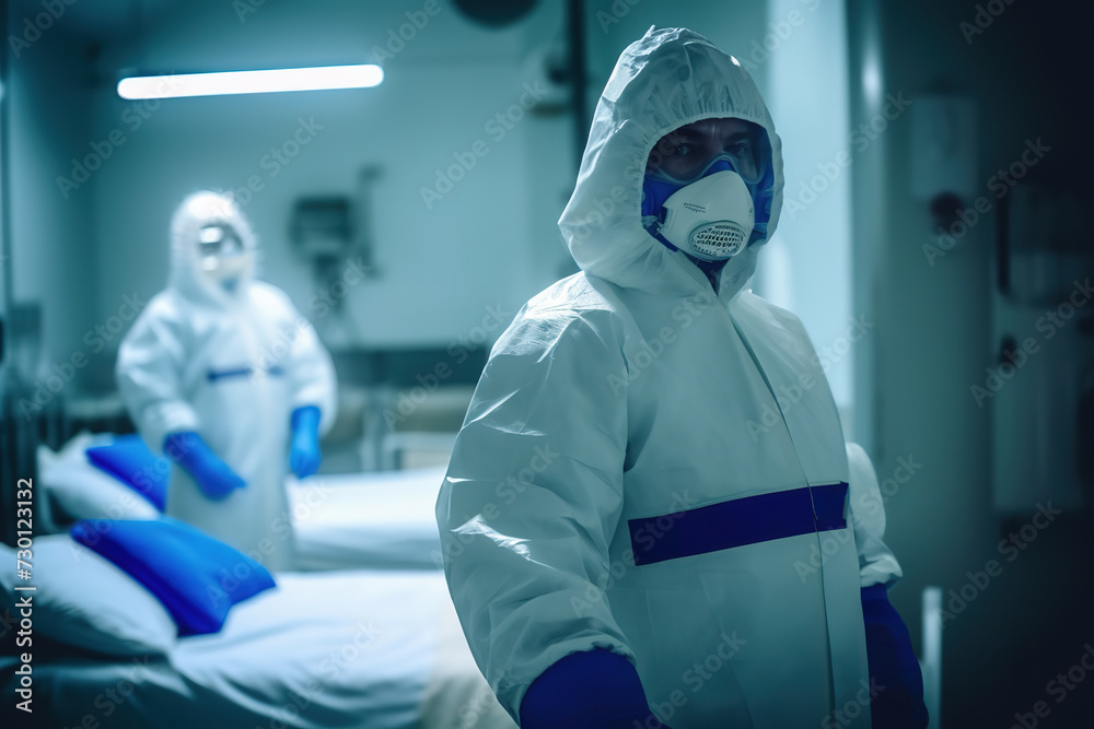 Person wearing Hazmat suit working in contaminated hospital room. Stock ...