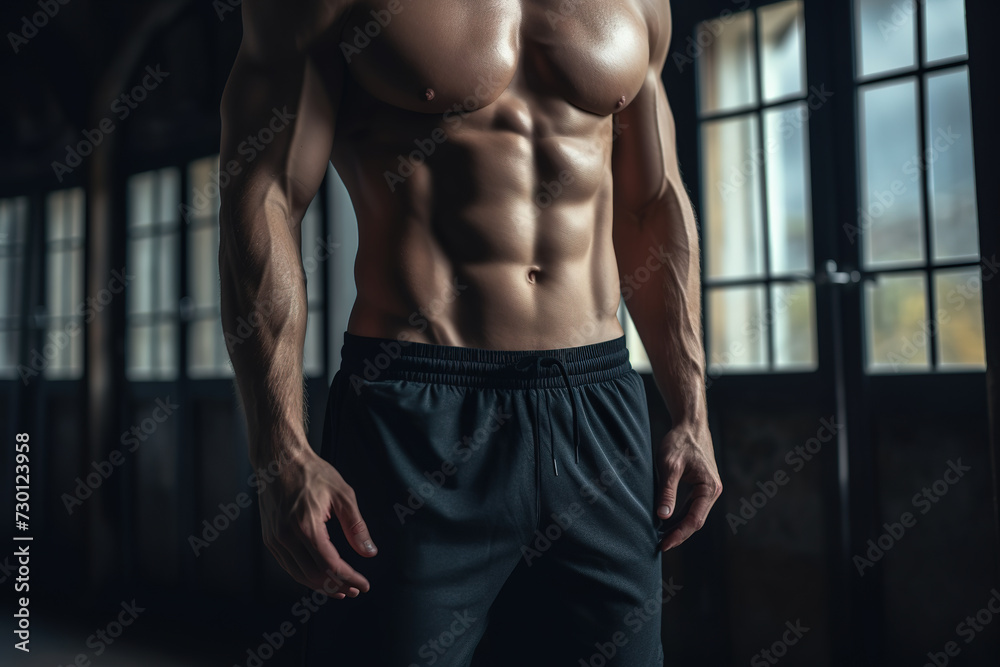 Cropped image of handsome muscular man with bare torso showing muscles ...