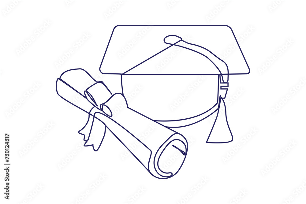 Graduation cap and diploma in continuous one line drawing illustration ...