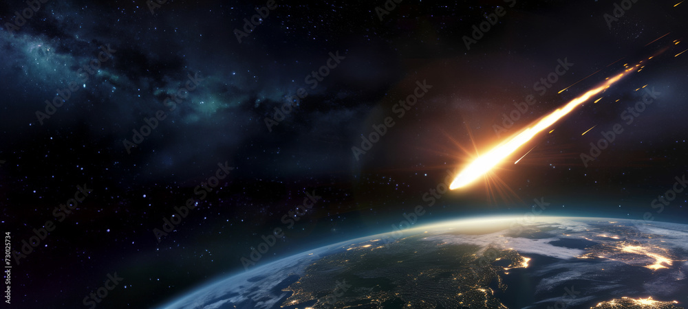 Meteor approaching Earth in space, the meteorite is approaching the planet, Burning exploding ...