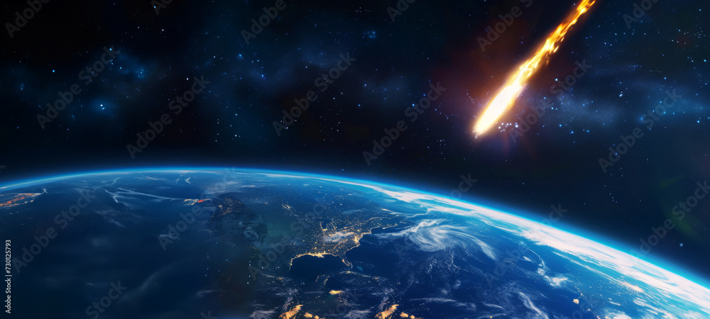 Meteor approaching Earth in space, the meteorite is approaching the ...