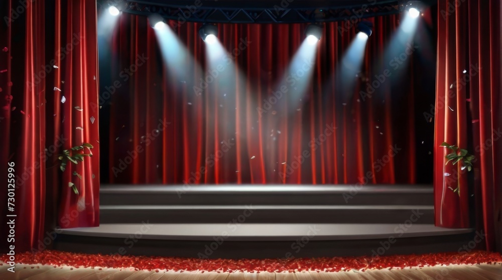Empty Stand-Up comedy platform with falling red confetti under the ...