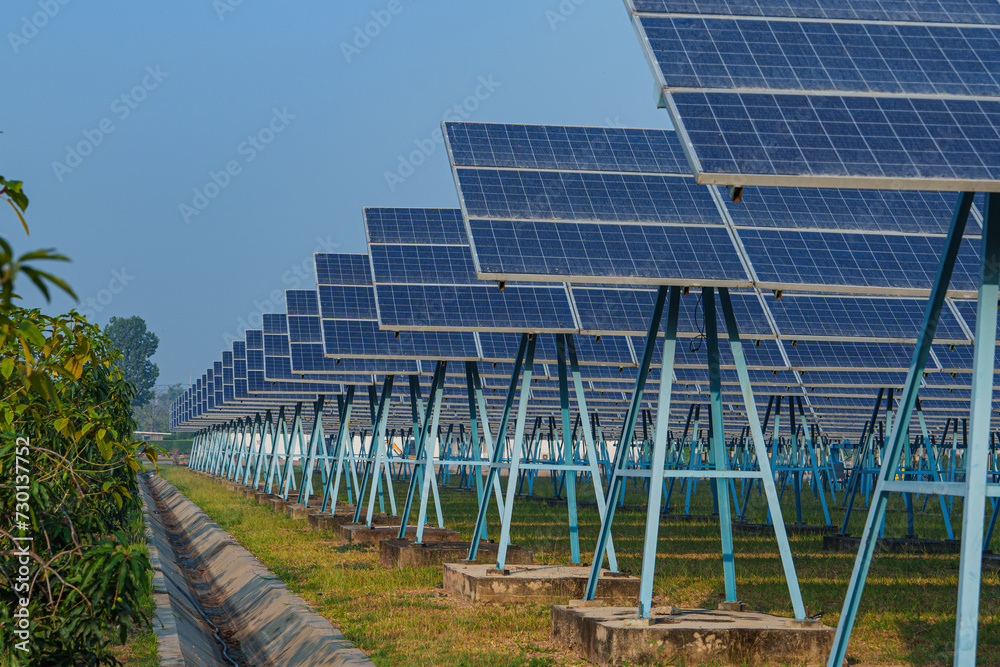 Solar Photovoltaic of solar farm view, solar plant rows array of on the ...