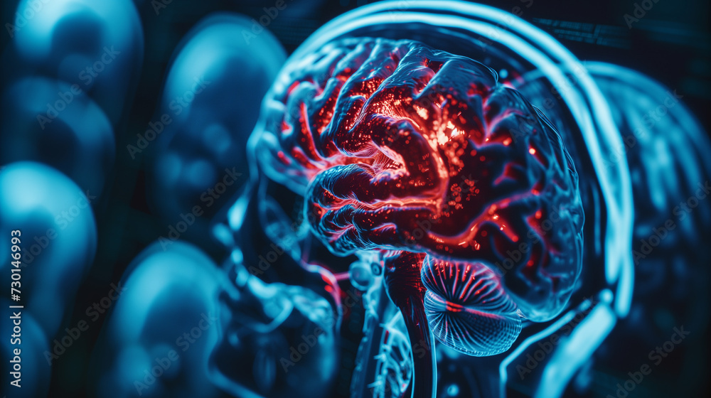 3D MRI Brain scan showing various areas of the brain lit up during ...