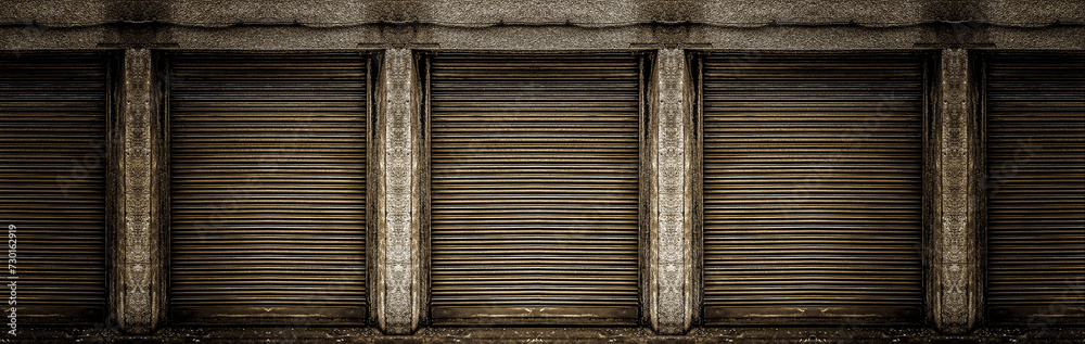 Rusty old weathered dark brown steel shutter door of warehouse, storage or storefront door for ...