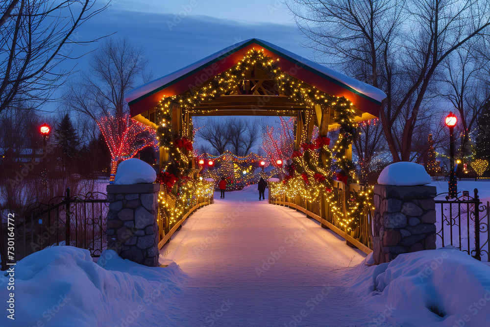 Festive bridge beautifully adorned with seasonal decorations and lights ...
