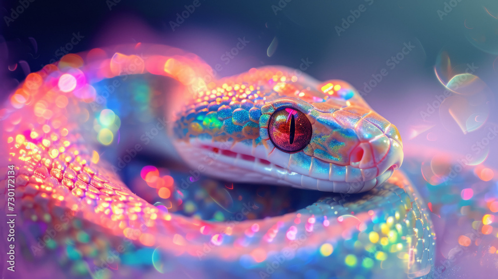 Opal rainbow snake closeup, Color sparkle snake on branch. Magic snake ...