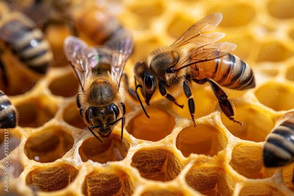 Honeybees Working on Hexagonal Wax Cells, A busy cluster of honeybees ...