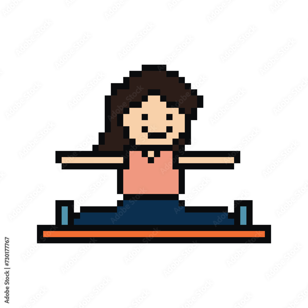 Cute pixel cartoon 8bit character woman aerobic yoga exercises training ...