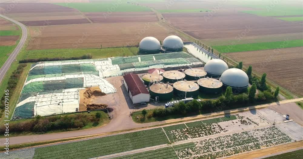 Biogas production plant top view. Green energy production. Aerial video ...