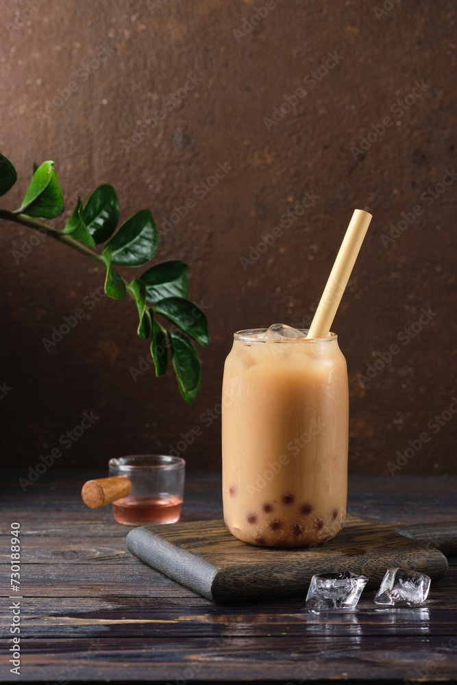 Cool drink, Taiwanese bubble tea with almond milk with tapioca balls in ...
