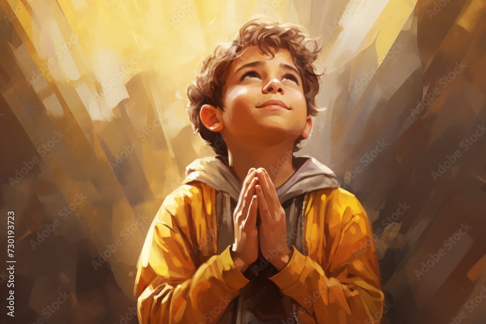 A young boy child praying in the golden sunlight, youthful, cute and ...