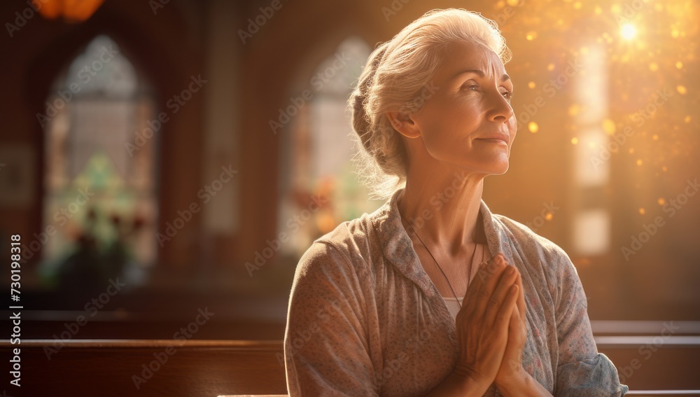 A older woman praying in the golden sunlight, youthful, cute and dreamy ...