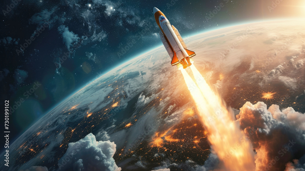 Space rocket propulsion leaving Earth's gravity, view of global network ...