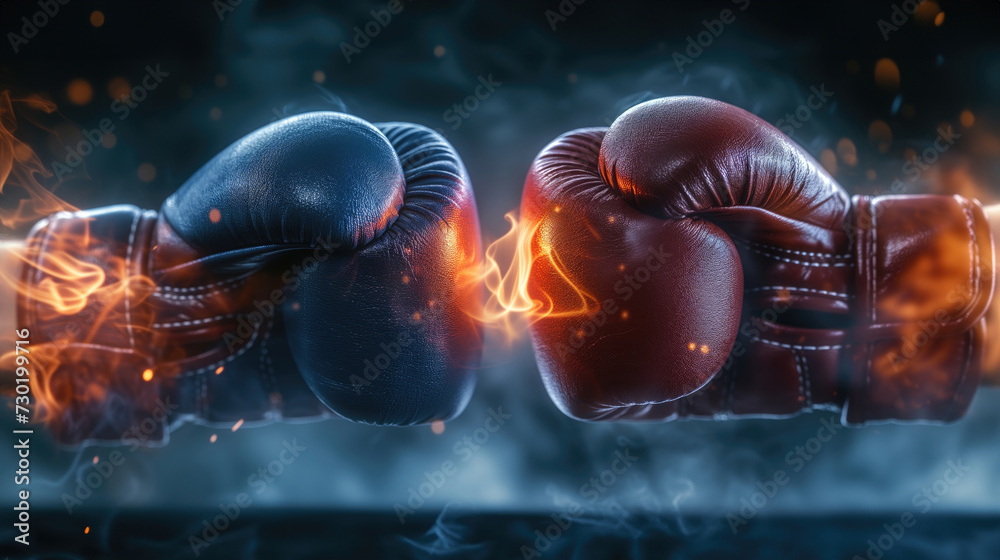 Two boxing gloves, one blue and one red, are captured in a moment of ...
