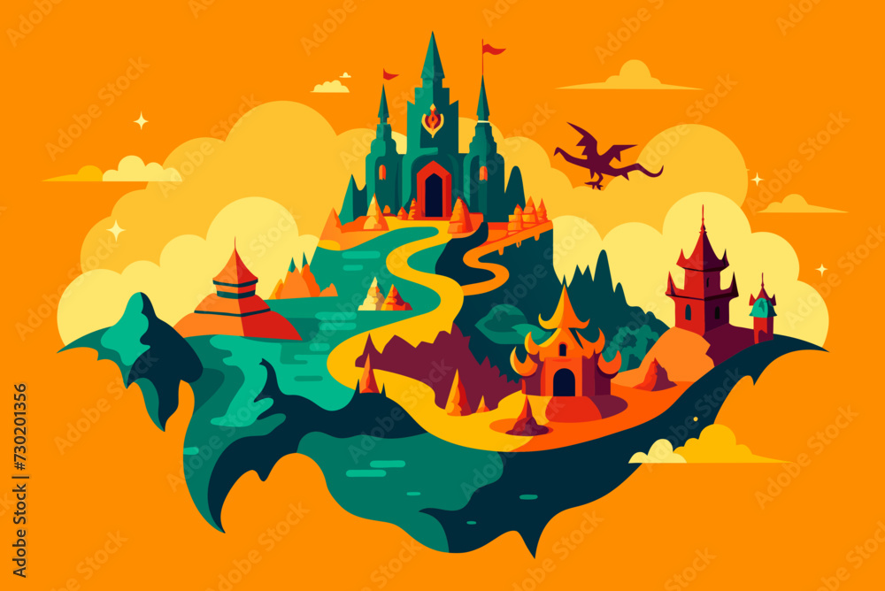 Vetor de A handdrawn map of a fictional fantasy world with intricate ...