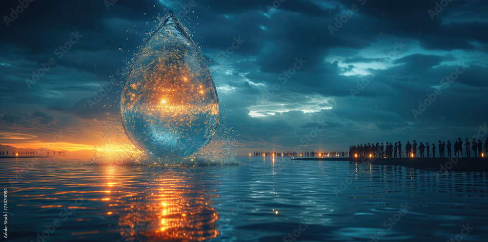 world water day saving water big water drop with a lot of people behind ...