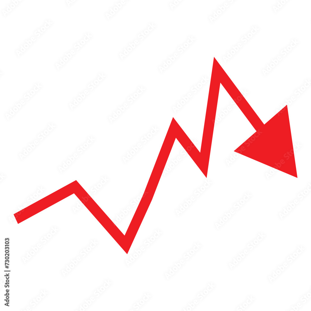 Red arrow going down stock icon on white background. Bankruptcy ...