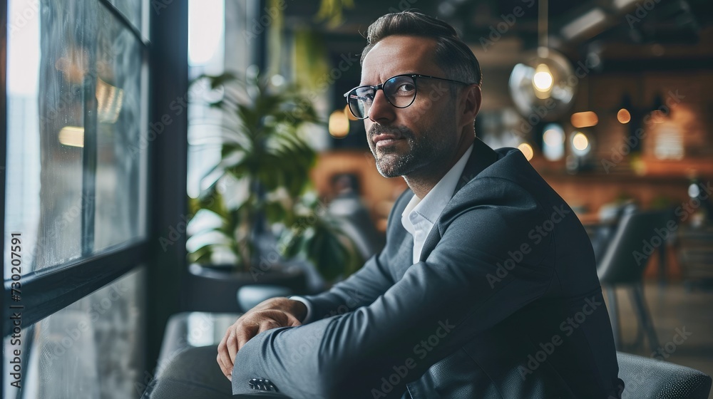 Confident businessman seated in a modern office setting, arms crossed ...