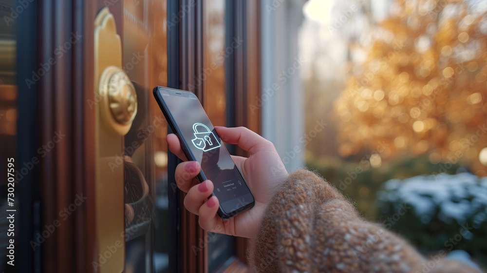 Hand with phone opens front door, smart door lock concept, smart home ...