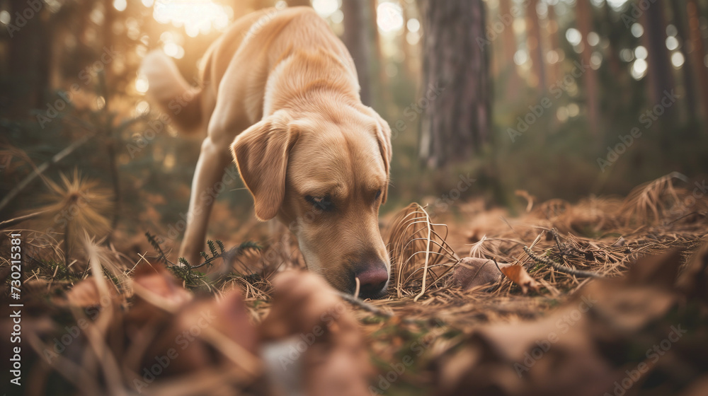 Dog on a walk in the park sniffing the ground, exploring nature with ...