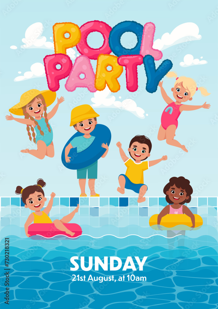 Kids Pool Party Poster. Children swimming in the pool. Cute Vector ...