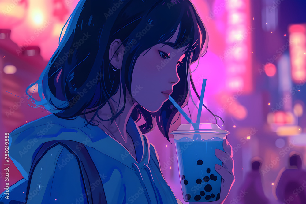 girl drinking boba tea with tapioca balls on neon background Stock ...