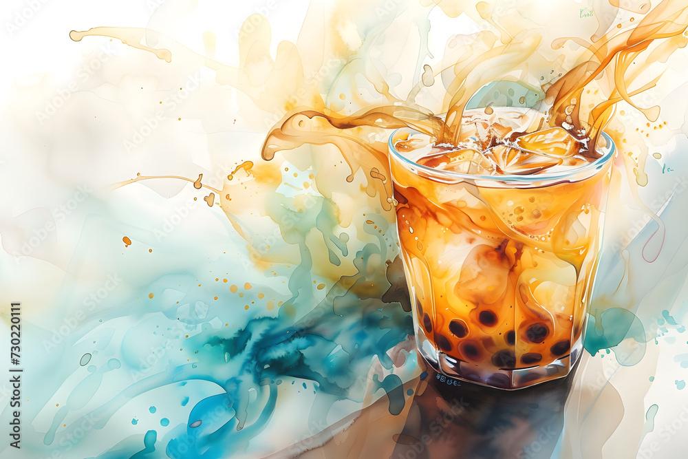 Boba tea with tapioca balls, splash explosion, drawing Stock ...