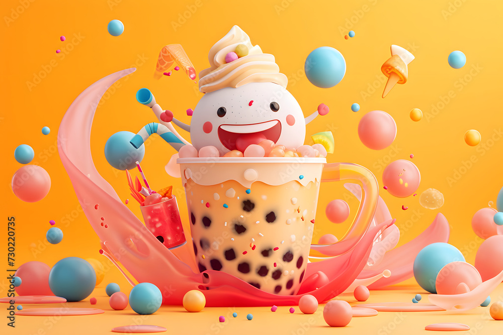 Boba tea with tapioca balls, splash explosion on peach background Stock ...