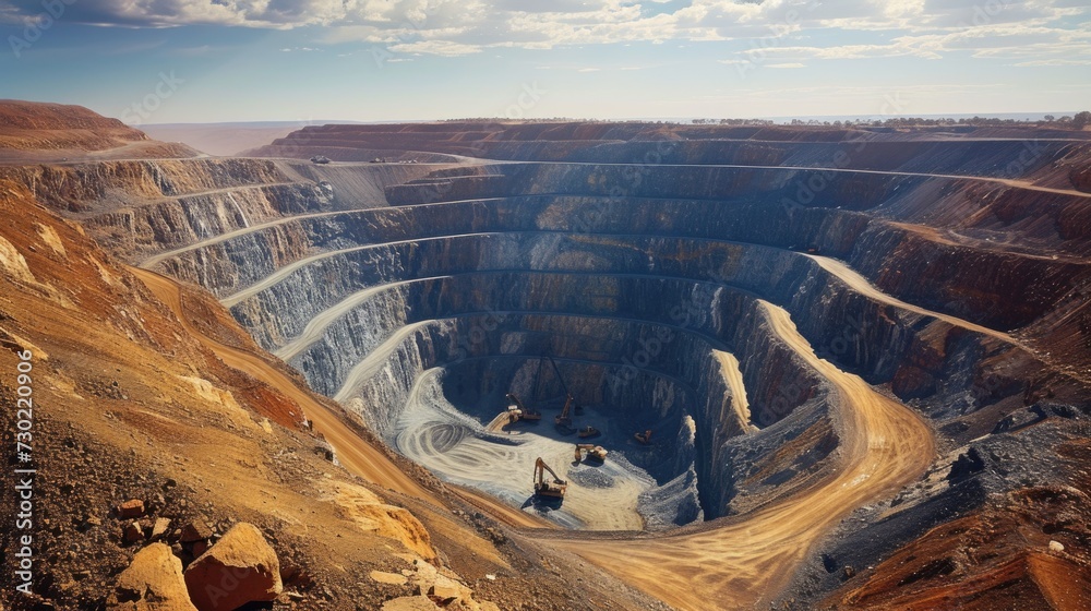 Terraced layers of a massive gold mining pit under a clear sky Stock ...