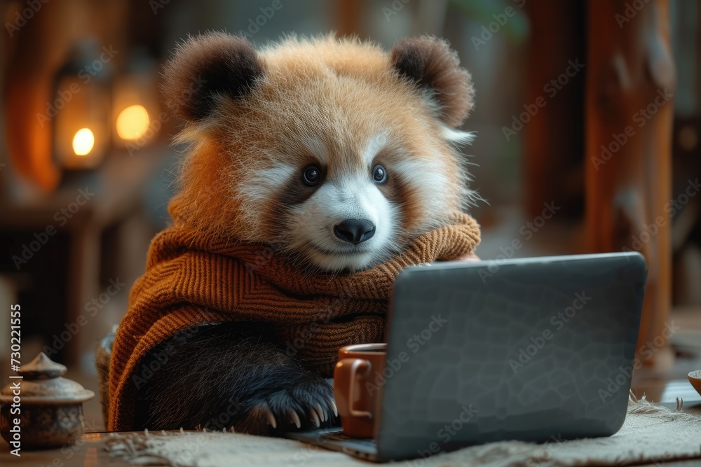 Cute Panda Working On Laptop Cartoon Illustration. Animal Technology ...