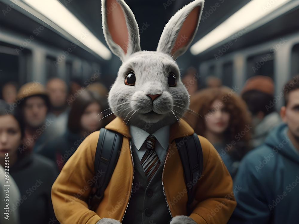 Anthropomorphic rabbit in modern clothes standing inside the train of a ...