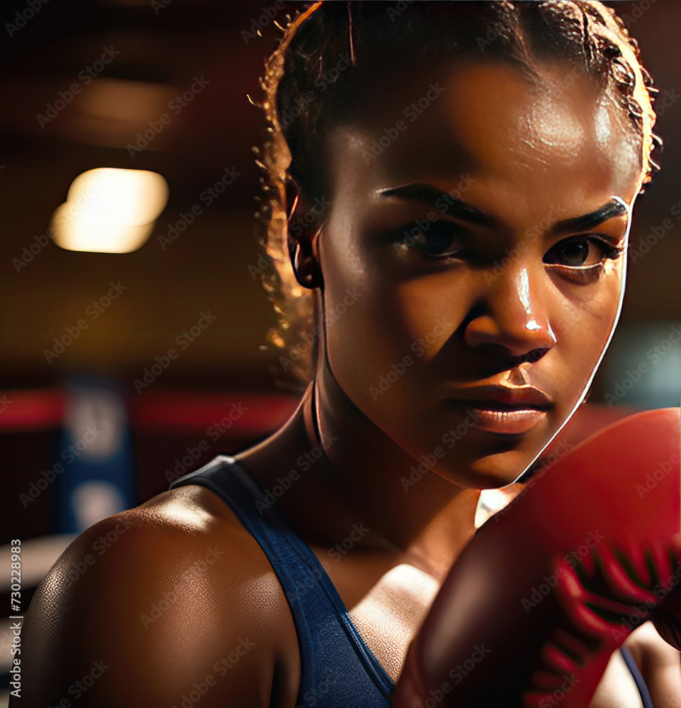 African-American female boxer with gloves, focused and intense gaze ...