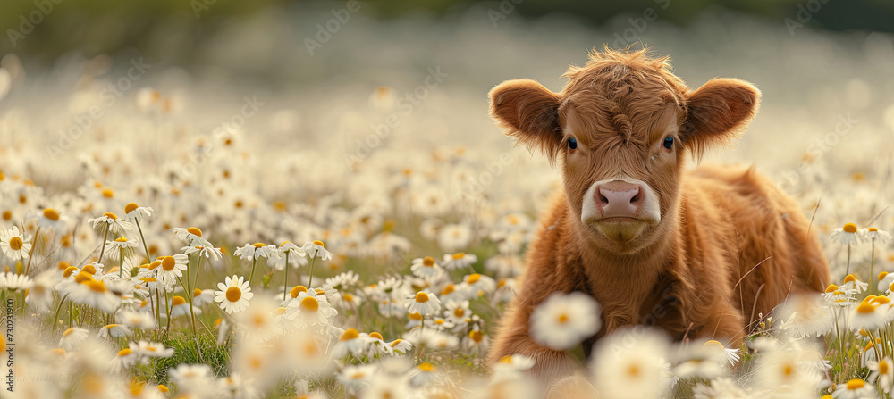 banner of little cute highland cow on Daisy background. Scottish breed ...