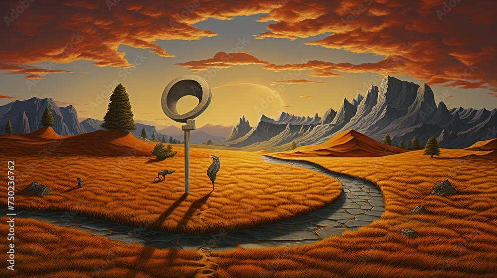 Composition with question mark and landscape background, Serious ...