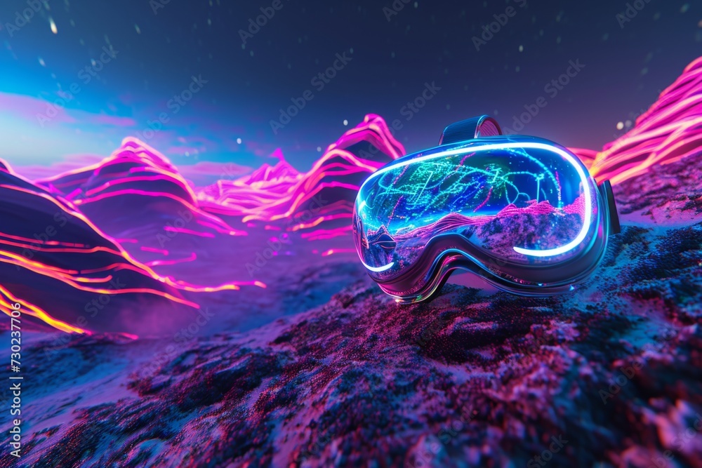 Surreal VR Experience Over Digital Landscape. A virtual reality headset ...