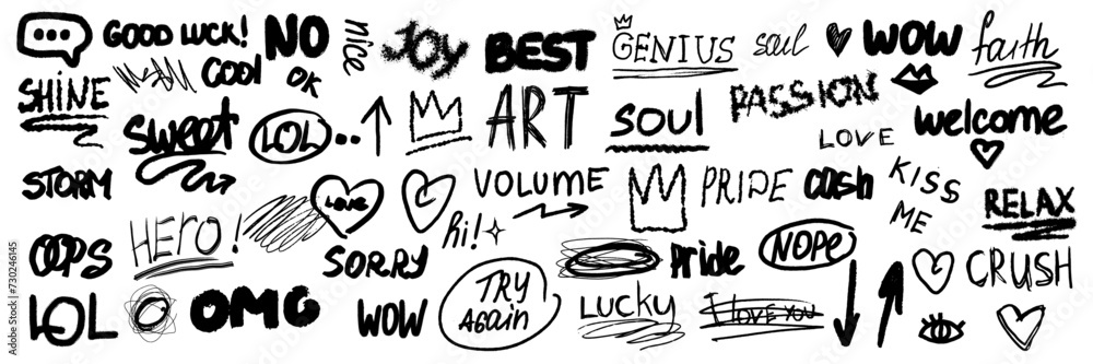 Doodle word scribble set, hand drawn sketch vector icon, messy ...