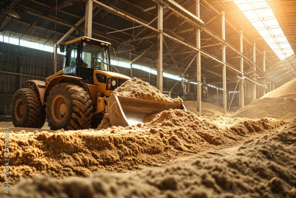 Bulldozer pushing pile of dried paddy rice inside a huge bulk storage ...