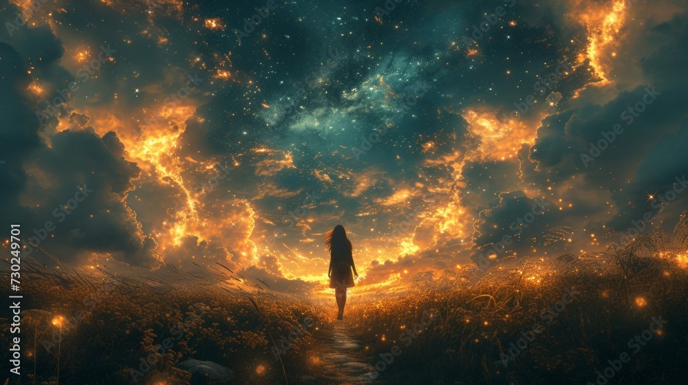 Design of a girl walking into a dream pathway, future, dream, sky ...