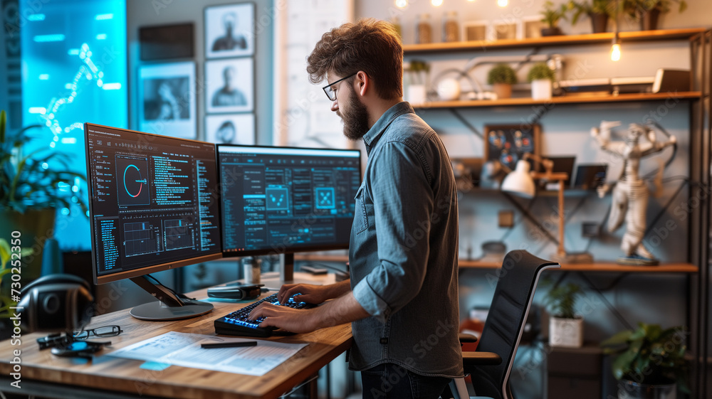 An energetic programmer at a standing desk, vigorously typing, surrounded by dual monitors ...