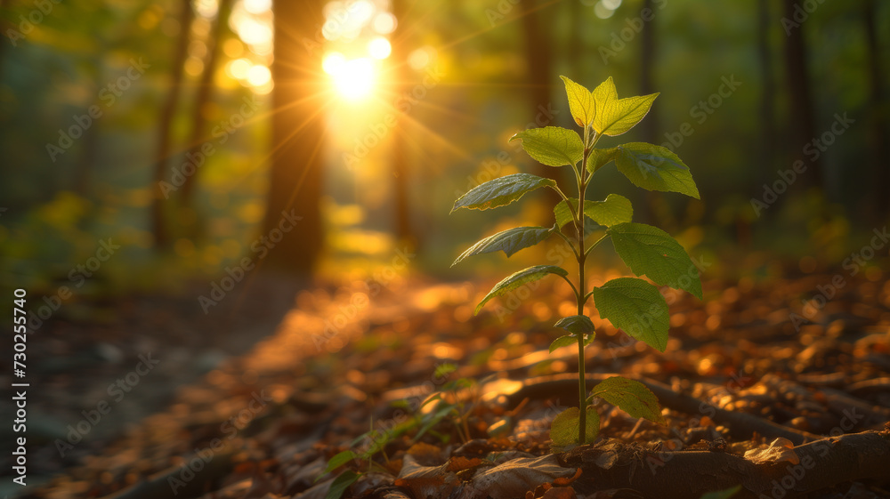 Sapling with bright green leaves, after a rain shower. Raindrops on ...