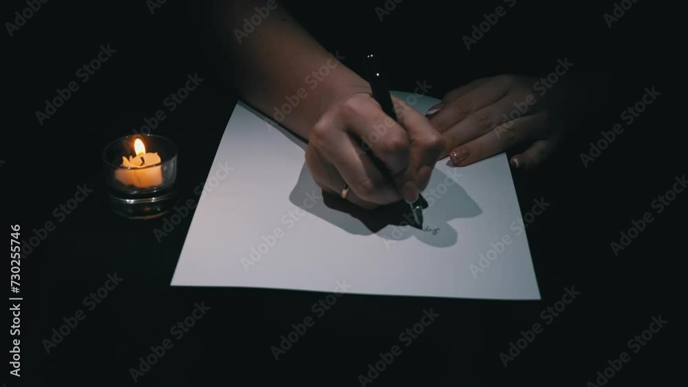 Hand writes with a pen on white paper in a dark room by candlelight ...
